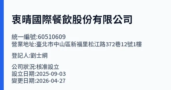 衷晴國際餐飲股份有限公司的照片-統編 60510609(臺北市) 公司登記資料與營業項目詳細圖表