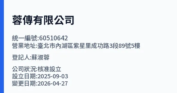 蓉傳有限公司的照片-統編 60510642(臺北市) 公司登記資料與營業項目詳細圖表