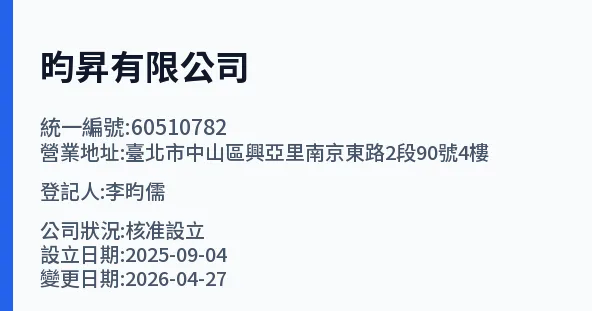 昀昇有限公司的照片-統編 60510782(臺北市) 公司登記資料與營業項目詳細圖表