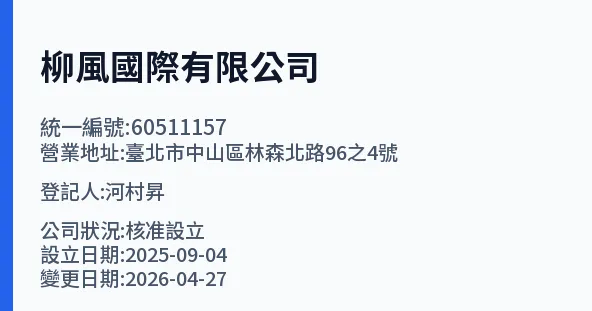 柳風國際有限公司的照片-統編 60511157(臺北市) 公司登記資料與營業項目詳細圖表