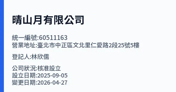 晴山月有限公司的照片-統編 60511163(臺北市) 公司登記資料與營業項目詳細圖表
