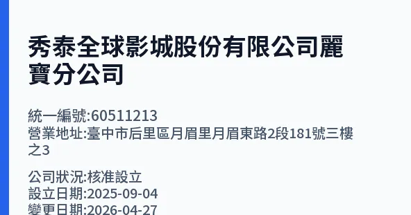 秀泰全球影城股份有限公司麗寶分公司的照片-統編 60511213(臺中市) 公司登記資料與營業項目詳細圖表