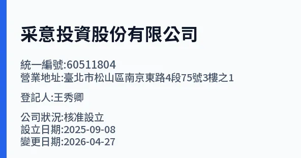 采意投資股份有限公司的照片-統編 60511804(臺北市) 公司登記資料與營業項目詳細圖表