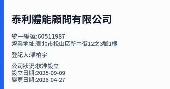 泰利體能顧問有限公司的照片-統編 60511987(臺北市) 公司登記資料與營業項目詳細圖表