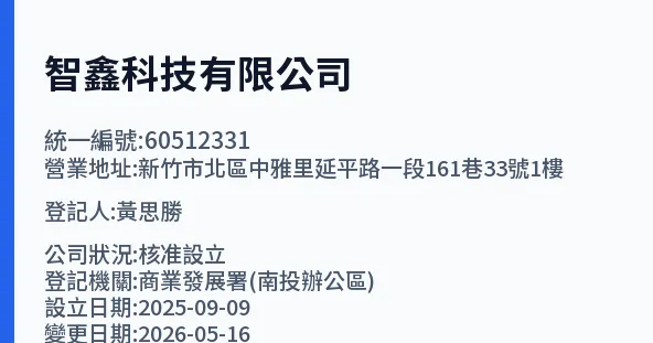 智鑫科技有限公司的照片-統編 60512331(新竹市) 公司登記資料與營業項目詳細圖表