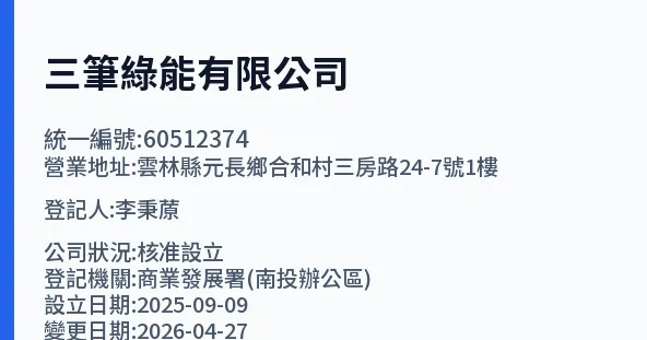 三筆綠能有限公司的照片-統編 60512374(雲林縣) 公司登記資料與營業項目詳細圖表