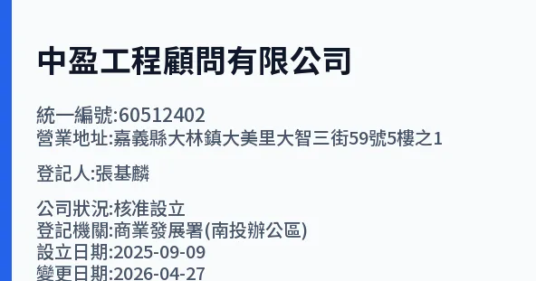 中盈工程顧問有限公司的照片-統編 60512402(嘉義縣) 公司登記資料與營業項目詳細圖表