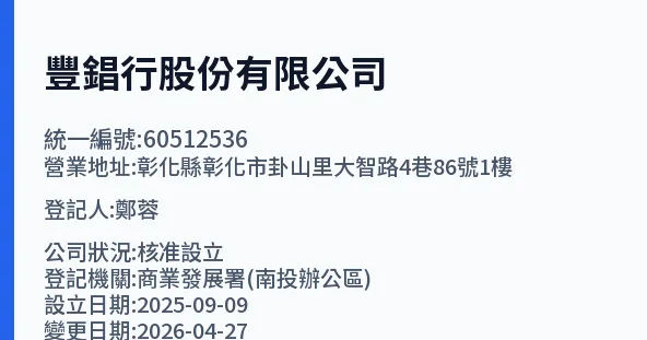 豐錩行股份有限公司的照片-統編 60512536(彰化縣) 公司登記資料與營業項目詳細圖表