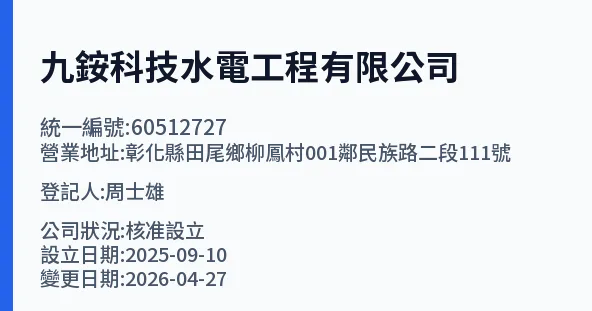 九銨科技水電工程有限公司的照片-統編 60512727(彰化縣) 公司登記資料與營業項目詳細圖表