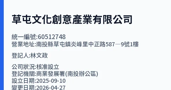 草屯文化創意產業有限公司的照片-統編 60512748(南投縣) 公司登記資料與營業項目詳細圖表