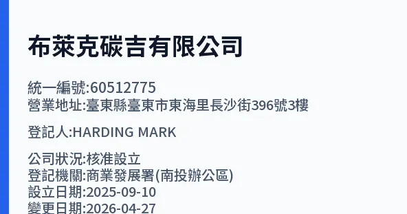 布萊克碳吉有限公司的照片-統編 60512775(臺東縣) 公司登記資料與營業項目詳細圖表