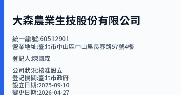 大森農業生技股份有限公司的照片-統編 60512901(臺北市) 公司登記資料與營業項目詳細圖表