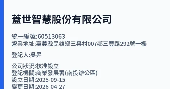 蓋世智慧股份有限公司的照片-統編 60513063(嘉義縣) 公司登記資料與營業項目詳細圖表