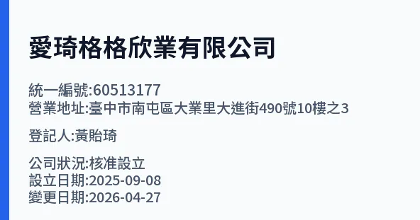 愛琦格格欣業有限公司的照片-統編 60513177(臺中市) 公司登記資料與營業項目詳細圖表
