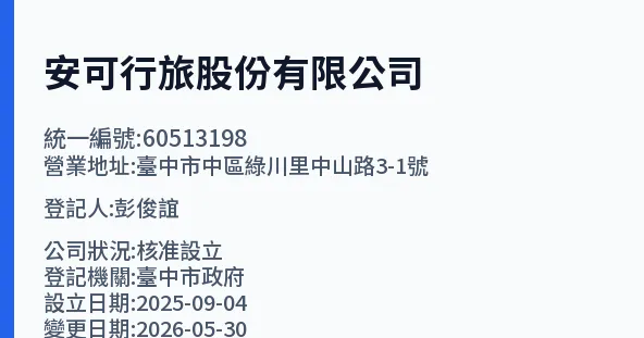 安可行旅股份有限公司的照片-統編 60513198(臺中市) 公司登記資料與營業項目詳細圖表