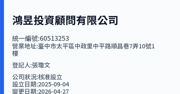 鴻昱投資顧問有限公司的照片-統編 60513253(臺中市) 公司登記資料與營業項目詳細圖表