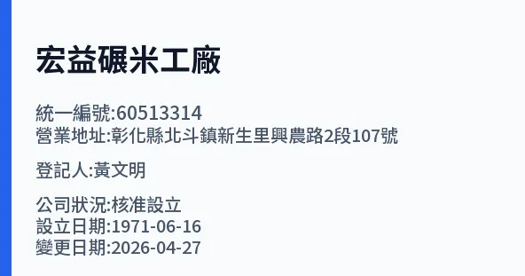 宏益碾米工廠的照片-統編 60513314(彰化縣) 公司登記資料與營業項目詳細圖表