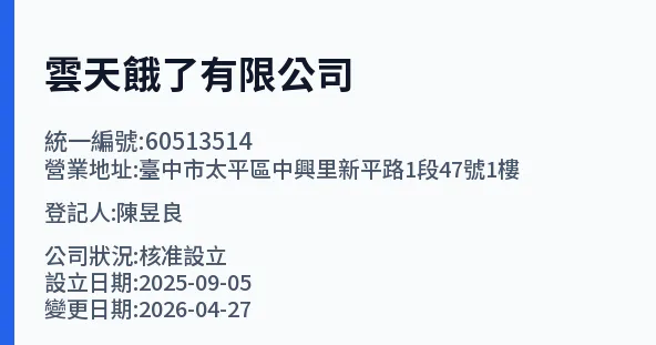 雲天餓了有限公司的照片-統編 60513514(臺中市) 公司登記資料與營業項目詳細圖表