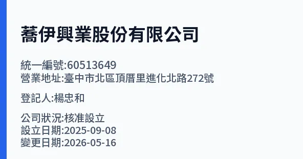 蕎伊興業股份有限公司的照片-統編 60513649(臺中市) 公司登記資料與營業項目詳細圖表