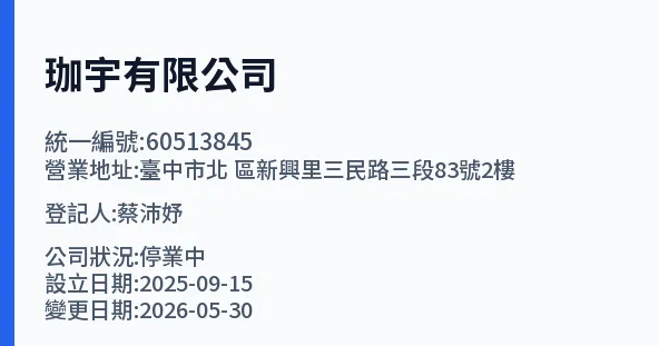 珈宇有限公司的照片-統編 60513845(臺中市) 公司登記資料與營業項目詳細圖表