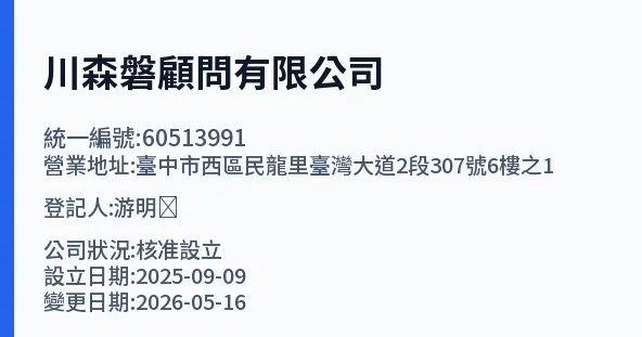 川森磐顧問有限公司的照片-統編 60513991(臺中市) 公司登記資料與營業項目詳細圖表