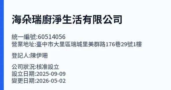 海朵瑞廚淨生活有限公司的照片-統編 60514056(臺中市) 公司登記資料與營業項目詳細圖表