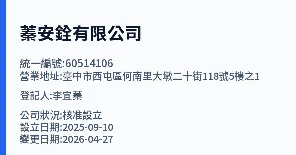 蓁安銓有限公司的照片-統編 60514106(臺中市) 公司登記資料與營業項目詳細圖表