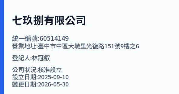 七玖捌有限公司的照片-統編 60514149(臺中市) 公司登記資料與營業項目詳細圖表