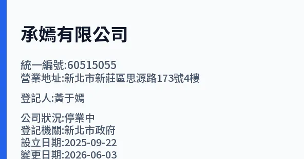 承嫣有限公司的照片-統編 60515055(新北市) 公司登記資料與營業項目詳細圖表