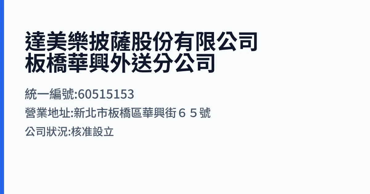 達美樂披薩股份有限公司板橋華興外送分公司 - 統編 60515153(新北市) 公司登記資料與營業項目詳細圖表