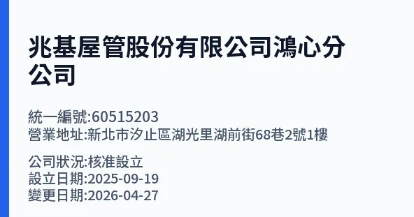 兆基屋管股份有限公司鴻心分公司的照片-統編 60515203(新北市) 公司登記資料與營業項目詳細圖表