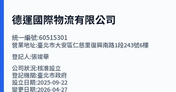 德運國際物流有限公司的照片-統編 60515301(臺北市) 公司登記資料與營業項目詳細圖表