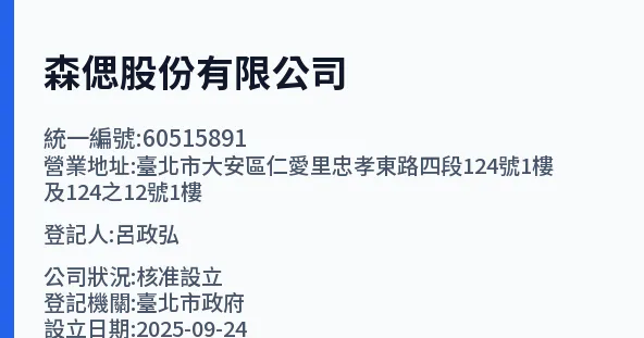 森偲股份有限公司的照片-統編 60515891(臺北市) 公司登記資料與營業項目詳細圖表