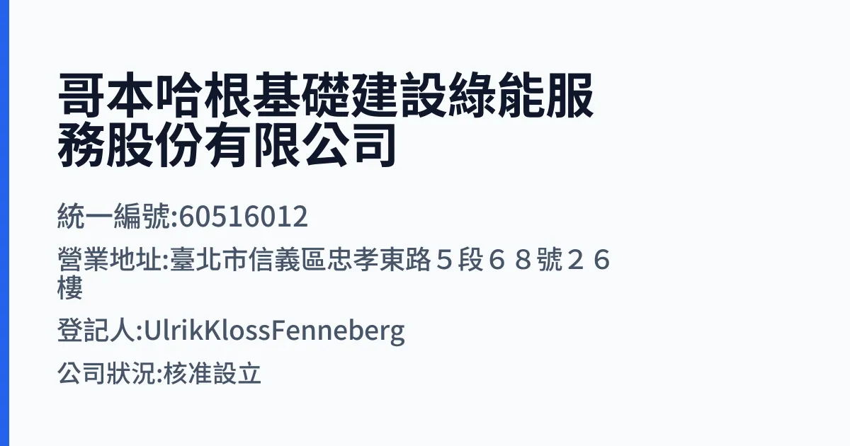 哥本哈根基礎建設綠能服務股份有限公司 - 統編 60516012(臺北市) 公司登記資料與營業項目詳細圖表