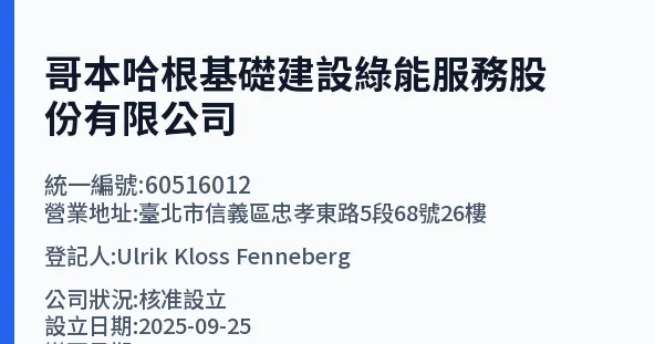 哥本哈根基礎建設綠能服務股份有限公司的照片-統編 60516012(臺北市) 公司登記資料與營業項目詳細圖表