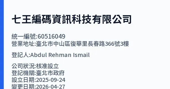 七王編碼資訊科技有限公司的照片-統編 60516049(臺北市) 公司登記資料與營業項目詳細圖表