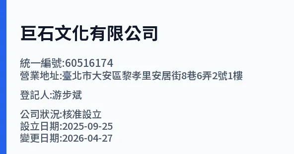 巨石文化有限公司的照片-統編 60516174(臺北市) 公司登記資料與營業項目詳細圖表