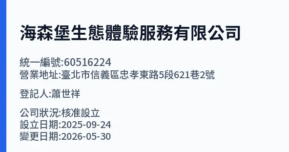 海森堡生態體驗服務有限公司的照片-統編 60516224(臺北市) 公司登記資料與營業項目詳細圖表