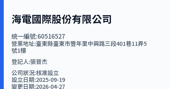 海電國際股份有限公司的照片-統編 60516527(臺東縣) 公司登記資料與營業項目詳細圖表