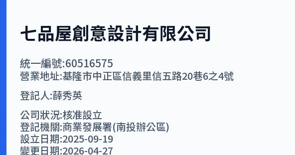 七品屋創意設計有限公司的照片-統編 60516575(基隆市) 公司登記資料與營業項目詳細圖表