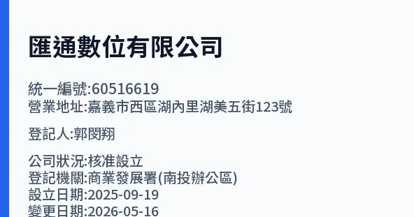 匯通數位有限公司的照片-統編 60516619(嘉義市) 公司登記資料與營業項目詳細圖表