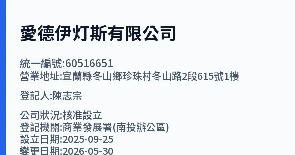 愛德伊灯斯有限公司的照片-統編 60516651(宜蘭縣) 公司登記資料與營業項目詳細圖表