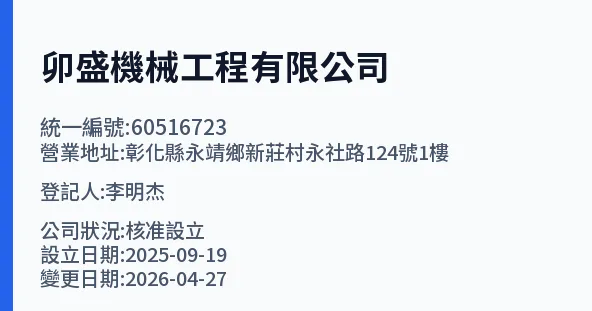 卯盛機械工程有限公司的照片-統編 60516723(彰化縣) 公司登記資料與營業項目詳細圖表