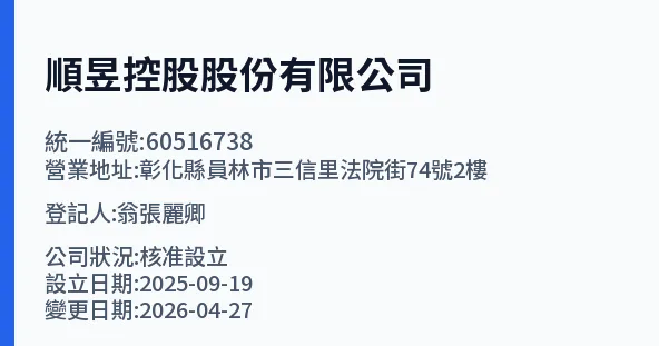順昱控股股份有限公司的照片-統編 60516738(彰化縣) 公司登記資料與營業項目詳細圖表