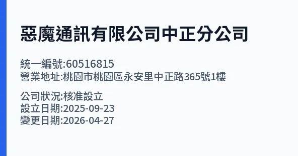 惡魔通訊有限公司中正分公司的照片-統編 60516815(桃園市) 公司登記資料與營業項目詳細圖表