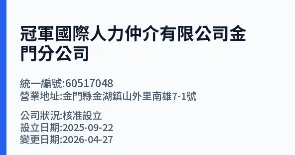 冠軍國際人力仲介有限公司金門分公司的照片-統編 60517048(金門縣) 公司登記資料與營業項目詳細圖表