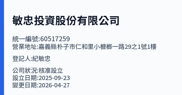 敏忠投資股份有限公司的照片-統編 60517259(嘉義縣) 公司登記資料與營業項目詳細圖表