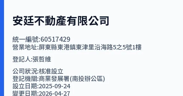 安廷不動產有限公司的照片-統編 60517429(屏東縣) 公司登記資料與營業項目詳細圖表