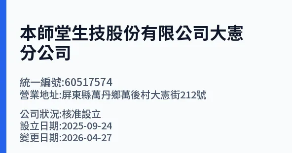 本師堂生技股份有限公司大憲分公司的照片-統編 60517574(屏東縣) 公司登記資料與營業項目詳細圖表
