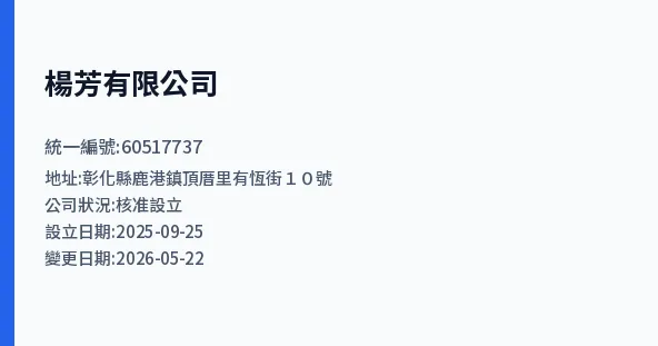 楊芳有限公司的照片-統編 60517737(彰化縣) 公司登記資料與營業項目詳細圖表